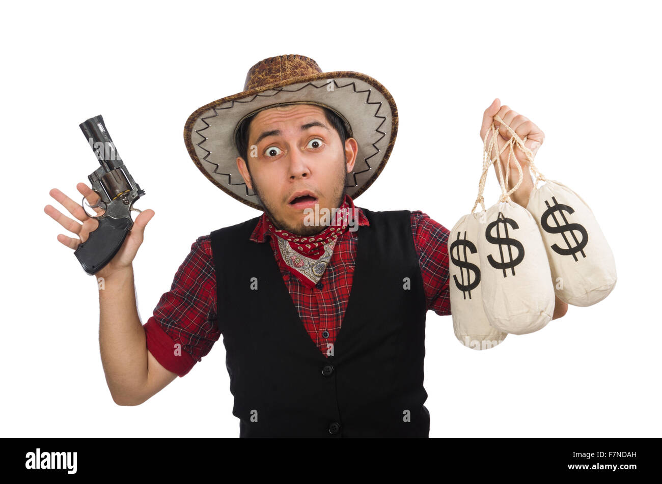 Young cowboy with gun and money bags isolated on white Stock Photo - Alamy