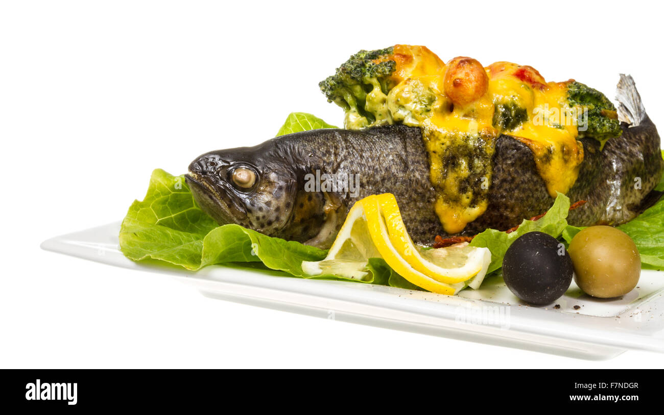 trout fish baked with shrimps and cauliflower Stock Photo - Alamy