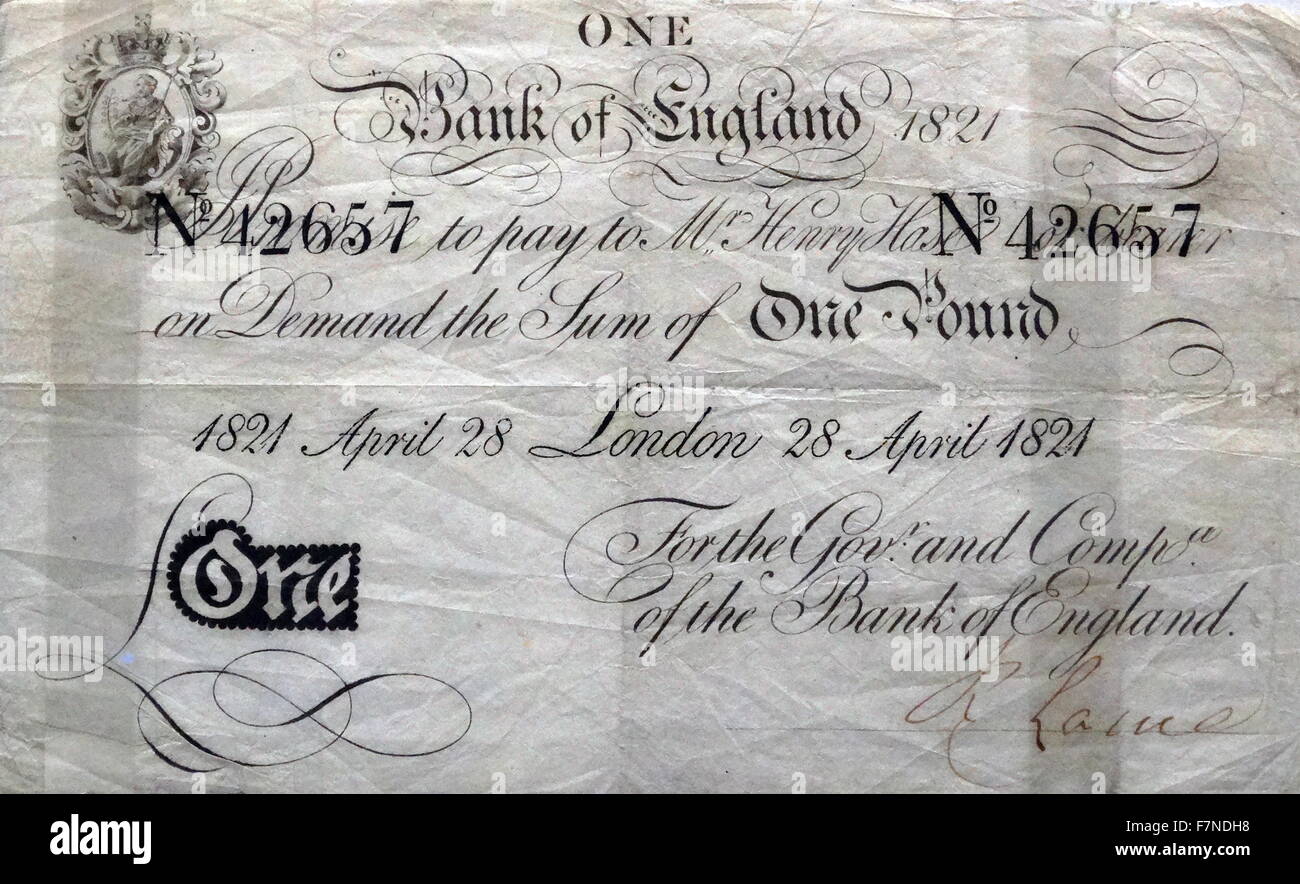 Bank of England cheque for one pound dated 1821 Stock Photo - Alamy