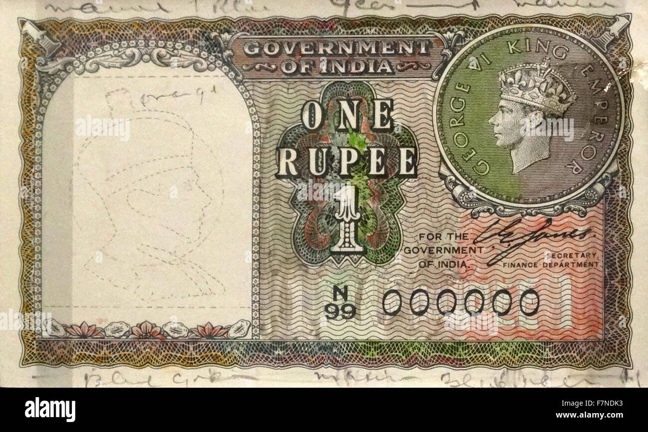 Colonial trial design for a one rupee banknote, Government of India ...
