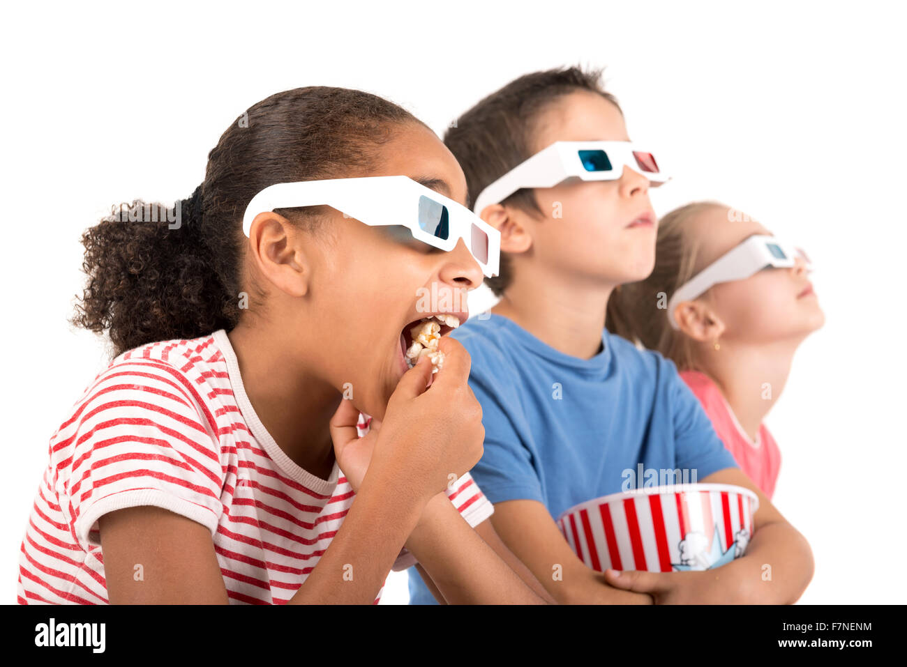 Group of children with 3d glasses and popcorn Stock Photo - Alamy