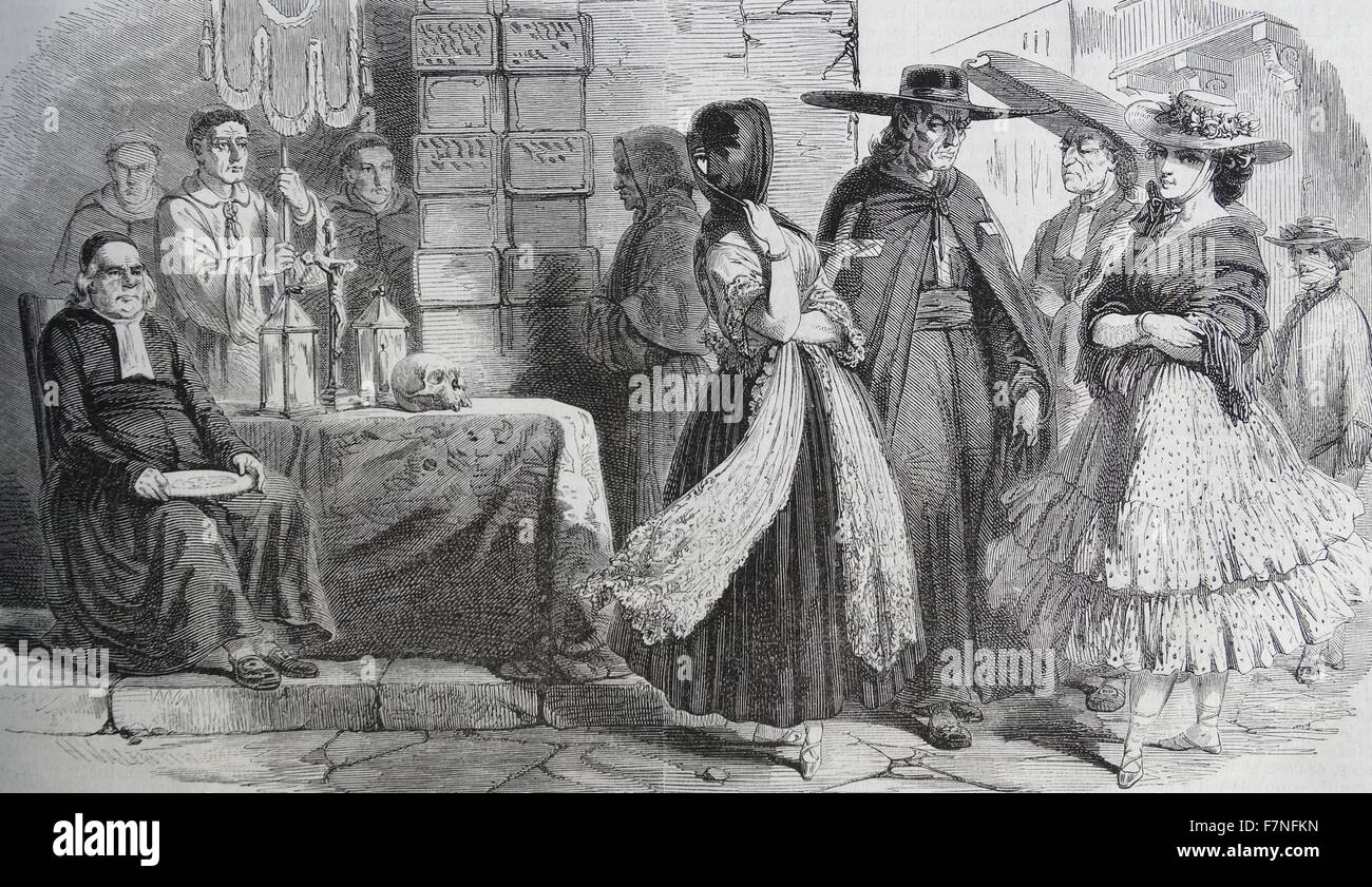 Scene at the door of a convent in Peru 1850. After the drawing of Max ...