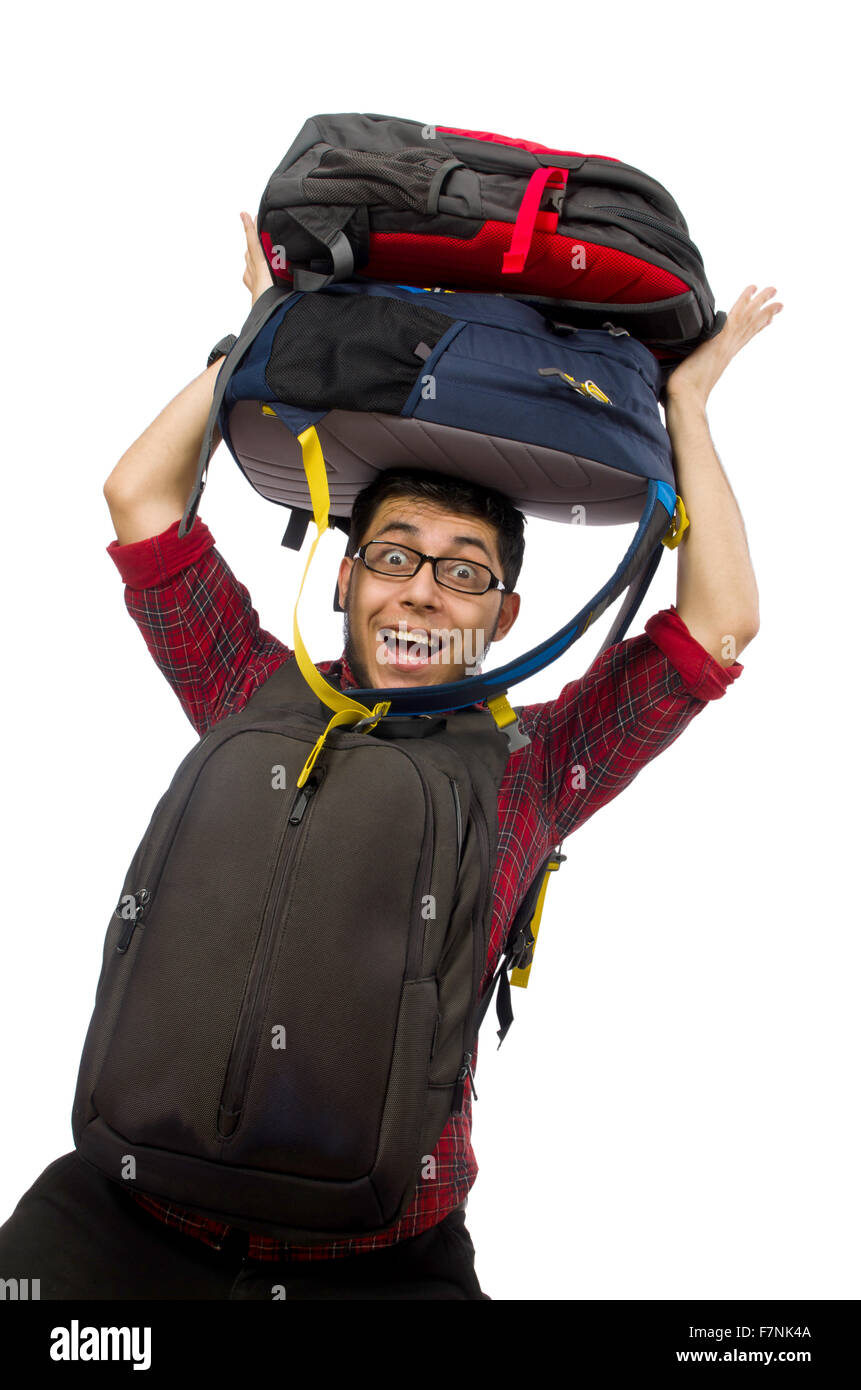 Young man with bags isolated on white Stock Photo - Alamy