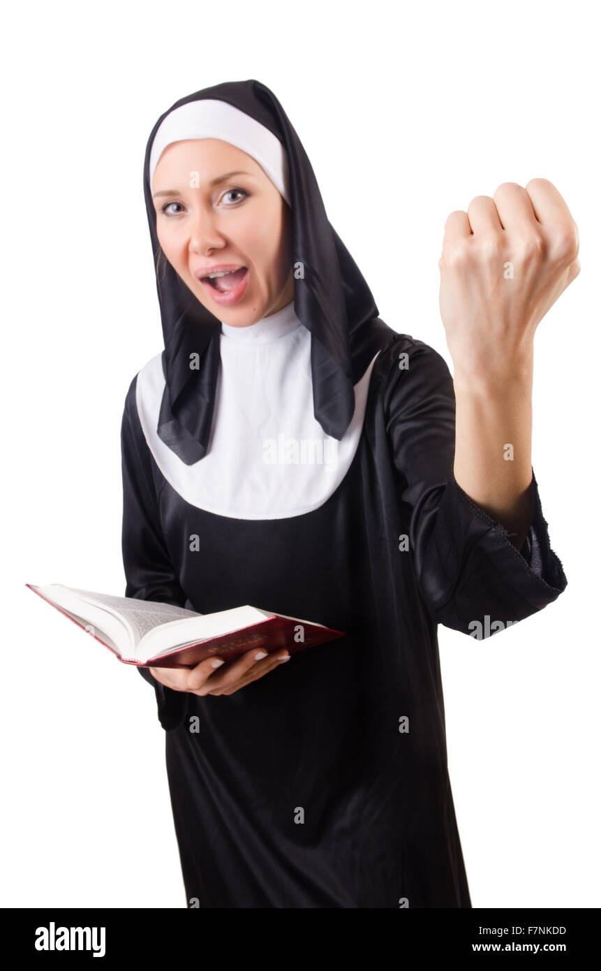 Pretty nun with Bible isolated on white Stock Photo - Alamy