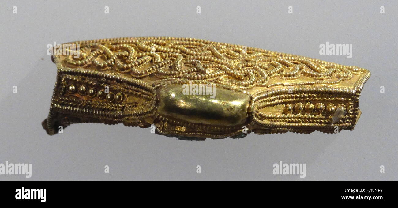 Gold hilt collar from a sword, from the Staffordshire Hoard. Dated 6th ...