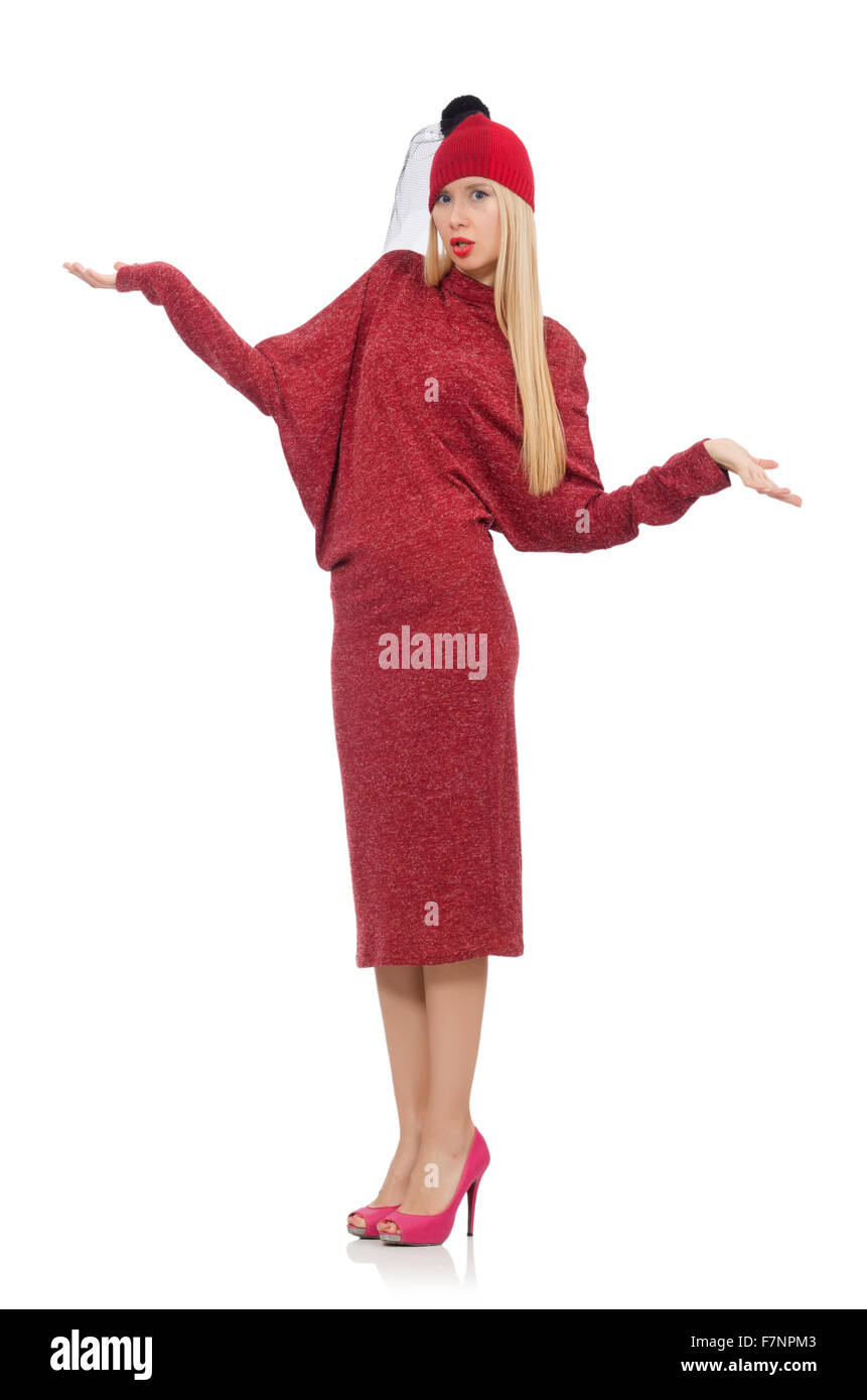 Pretty young woman in ruby dress isolated on white Stock Photo - Alamy