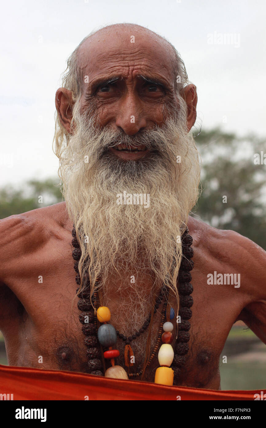 Sadhu with long white beard meditating Kumbh Mela, Nasik, Maharashtra ...