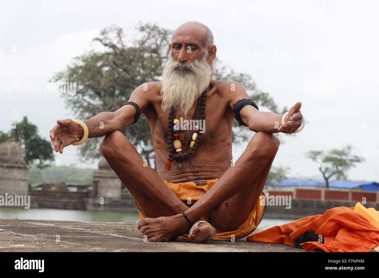 Sadhu with long white beard meditating Kumbh Mela, Nasik, Maharashtra ...