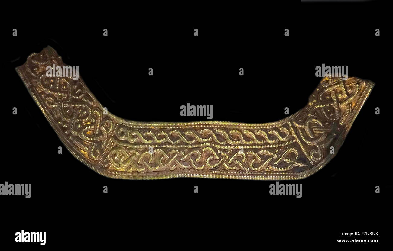Gold hilt collar from a sword, from the Staffordshire Hoard. Dated 6th ...