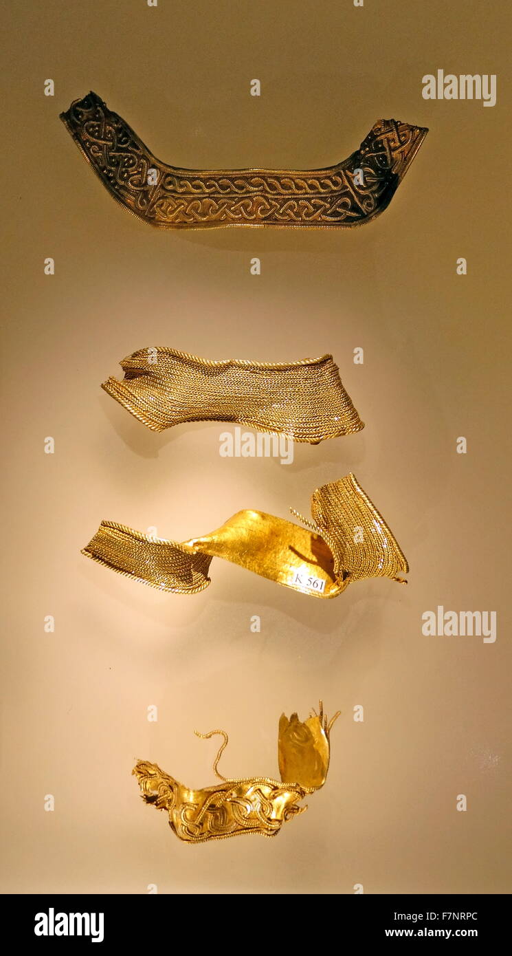 Gold hilt collars from a sword, from the Staffordshire Hoard. Dated 6th ...