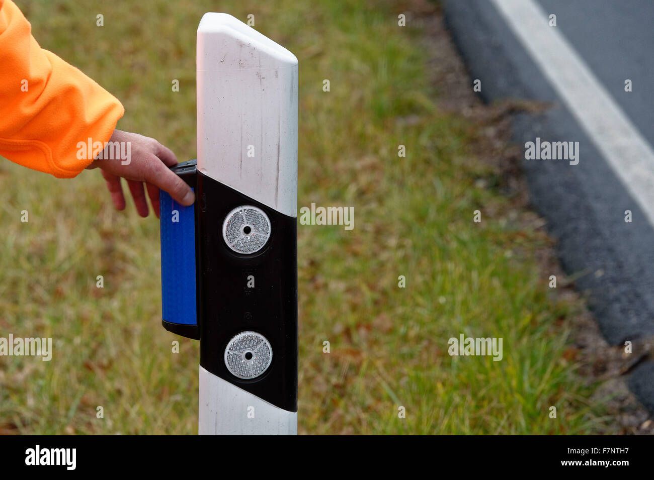 A post with blue reflectors near Sollnitz, Germany, 02 December 2015 ...