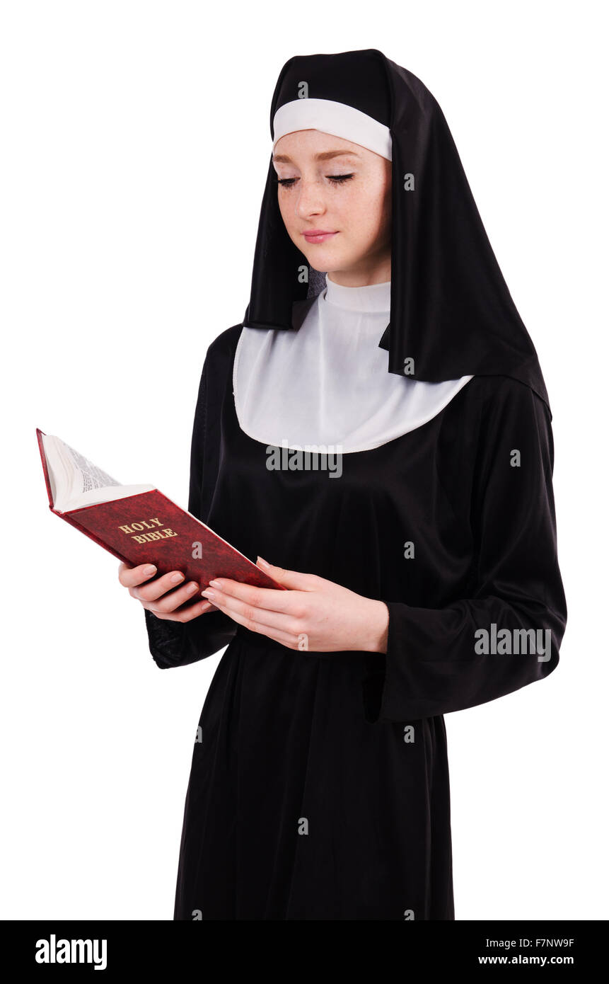 Young nun with bible isolated on white Stock Photo - Alamy
