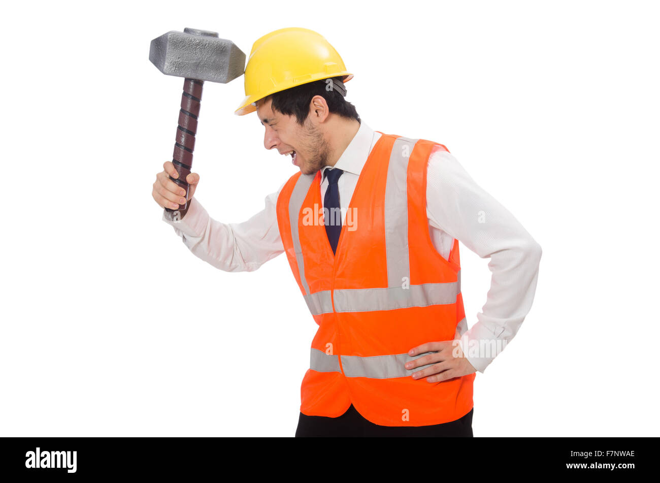 Construction worker with hammer isolated on white Stock Photo - Alamy