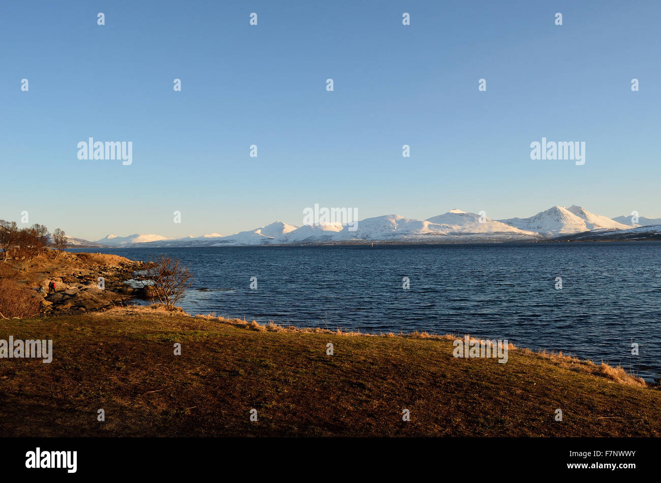 blue fjord and snowy mountain range Stock Photo - Alamy