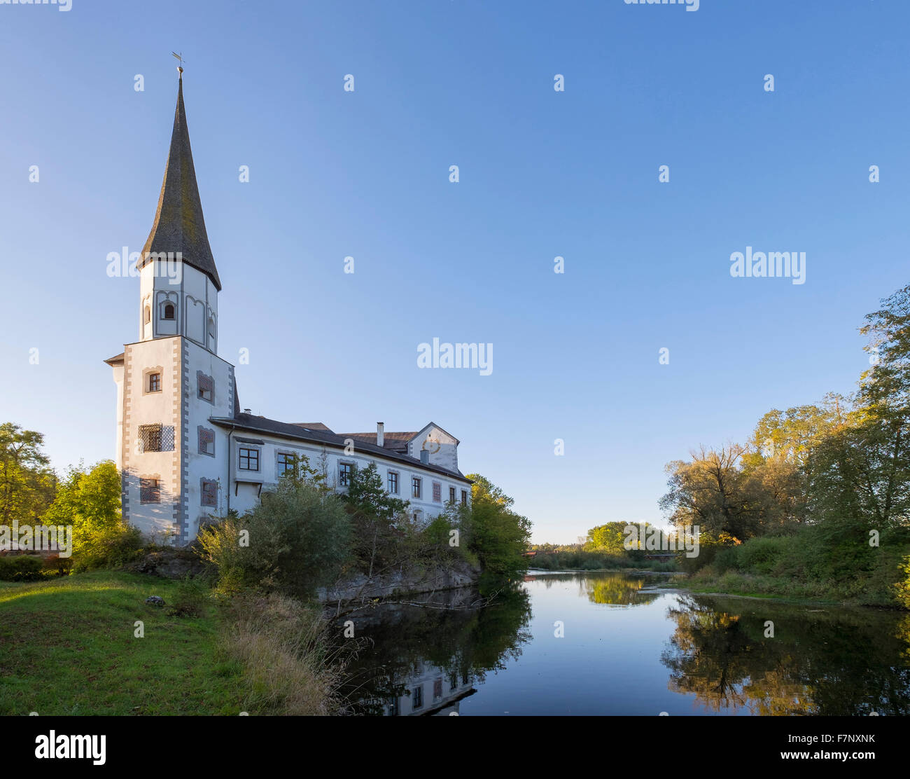 Germany, Upper Bavaria, Traunreut, Pernstein Castle at Traun river ...