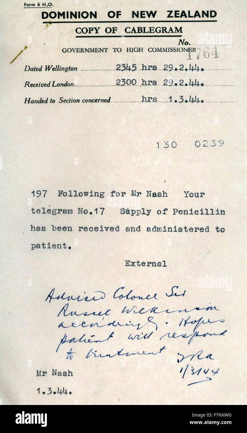 Telegram sent during World War two acknowledging the receipt of ...