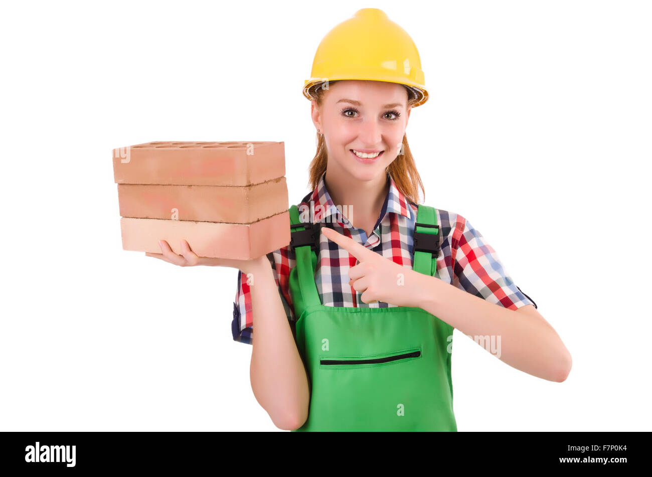 Woman with bricks isolated on white Stock Photo - Alamy