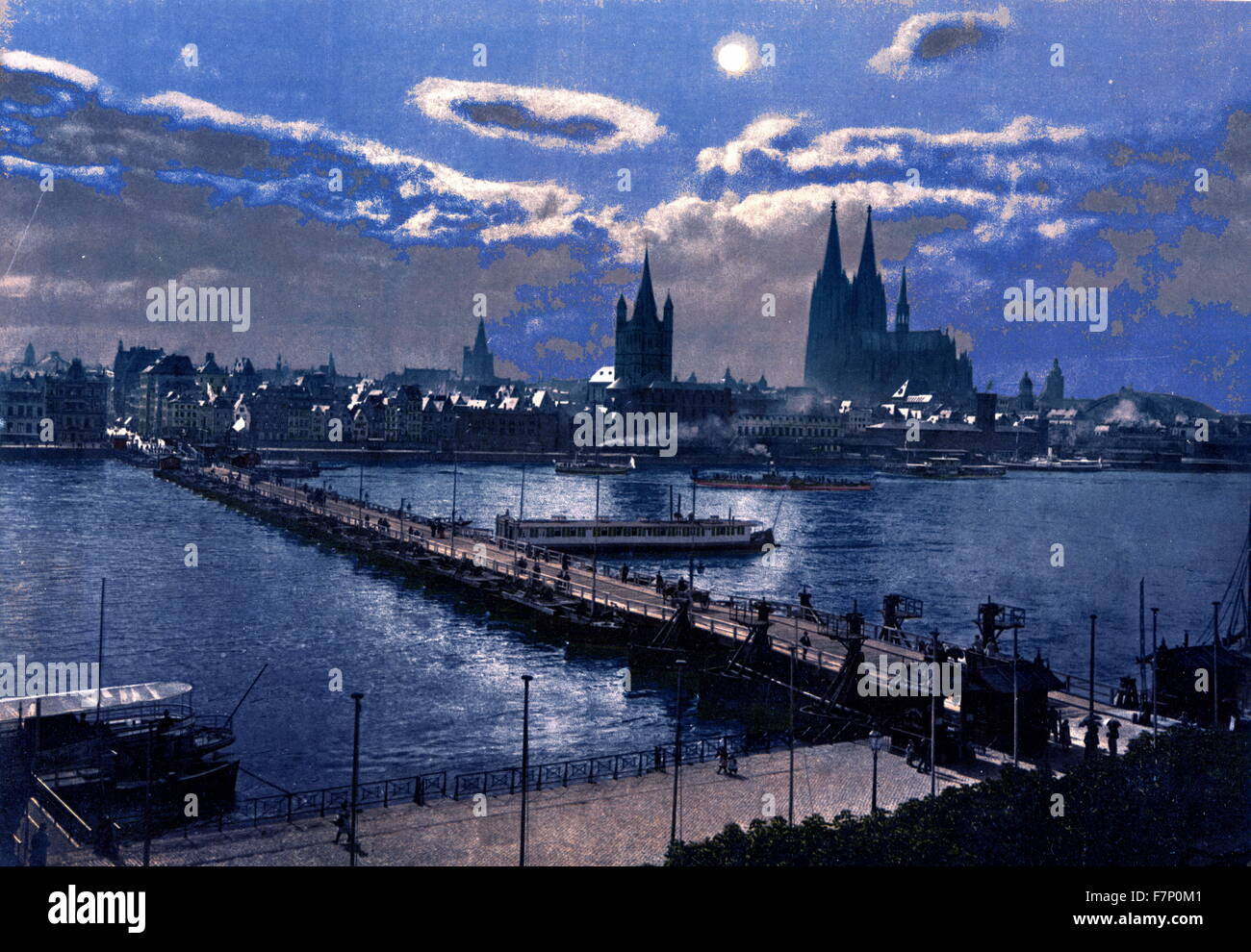 General view, by moonlight, Cologne, the Rhine, Germany 1890 Stock ...
