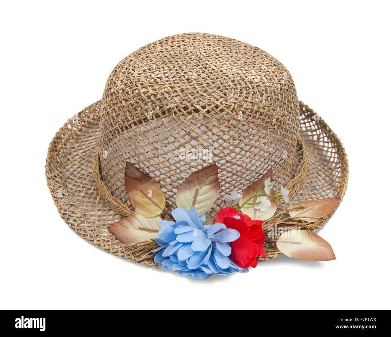 Pretty straw hat with flower on white background Stock Photo - Alamy