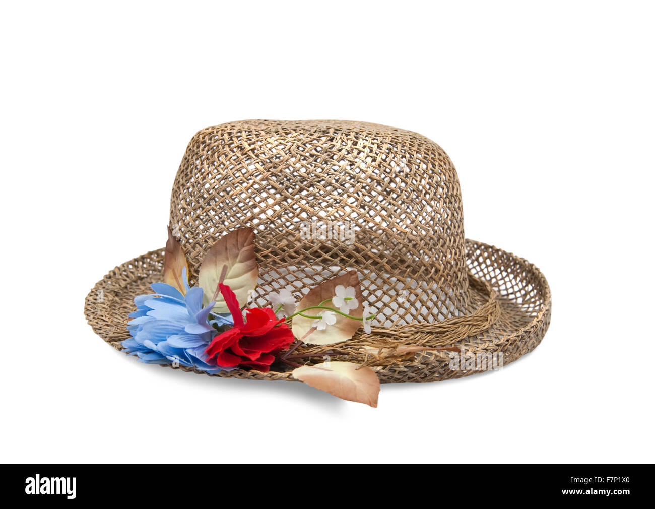 Pretty straw hat with flower on white background Stock Photo - Alamy