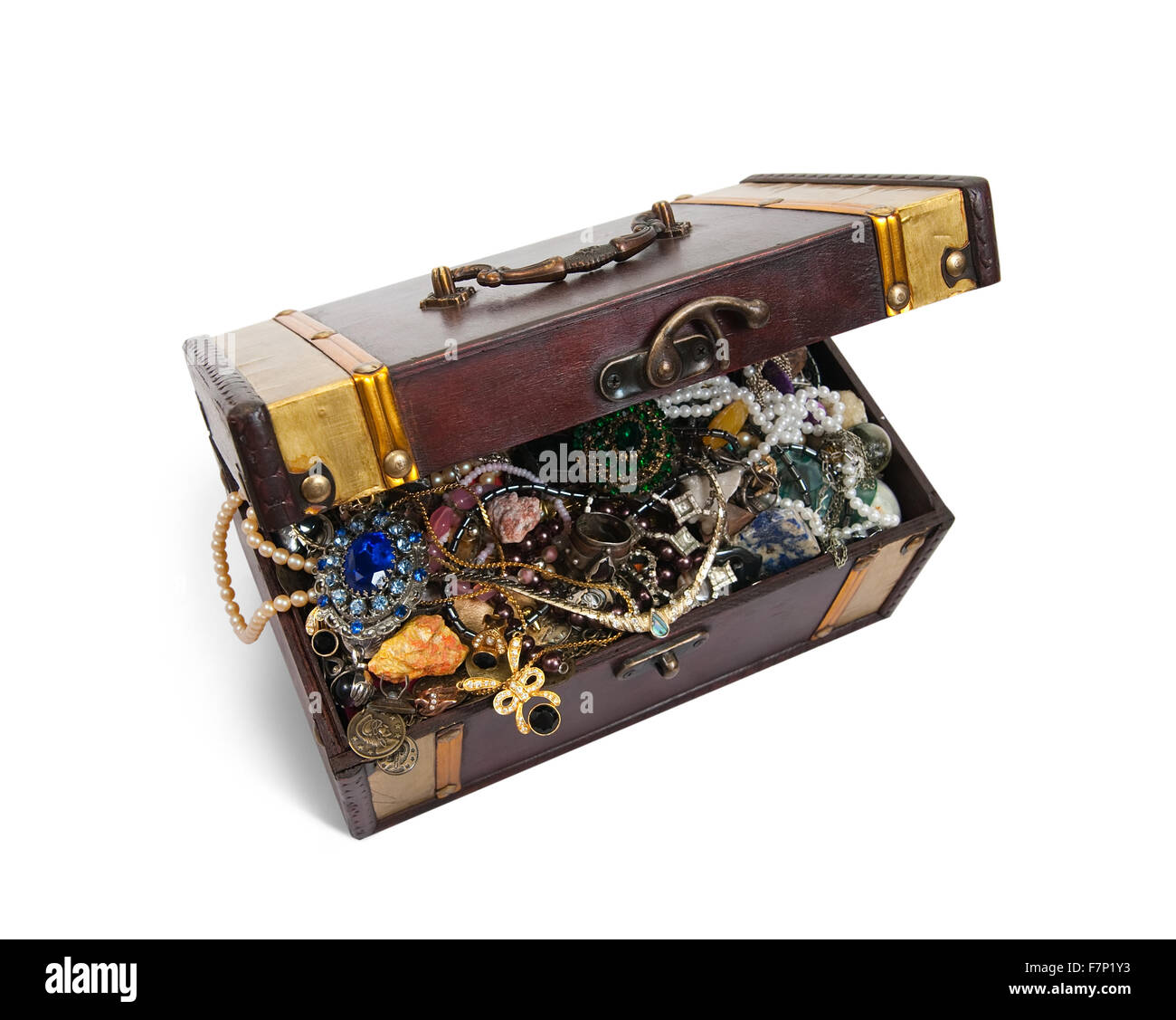 wooden treasure chest with valuables, isolated over white background ...