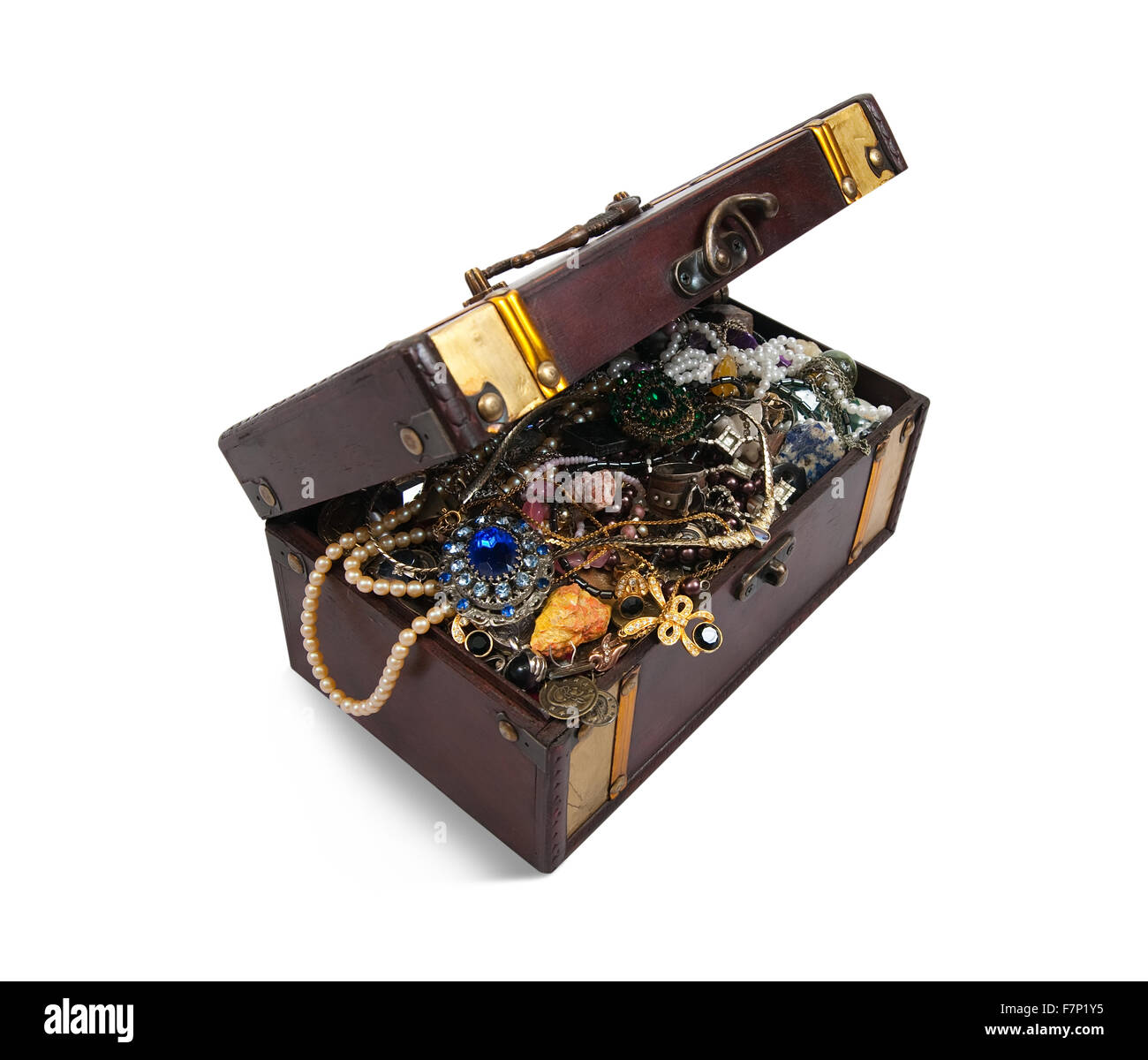 wooden treasure chest with valuables, isolated over white background ...