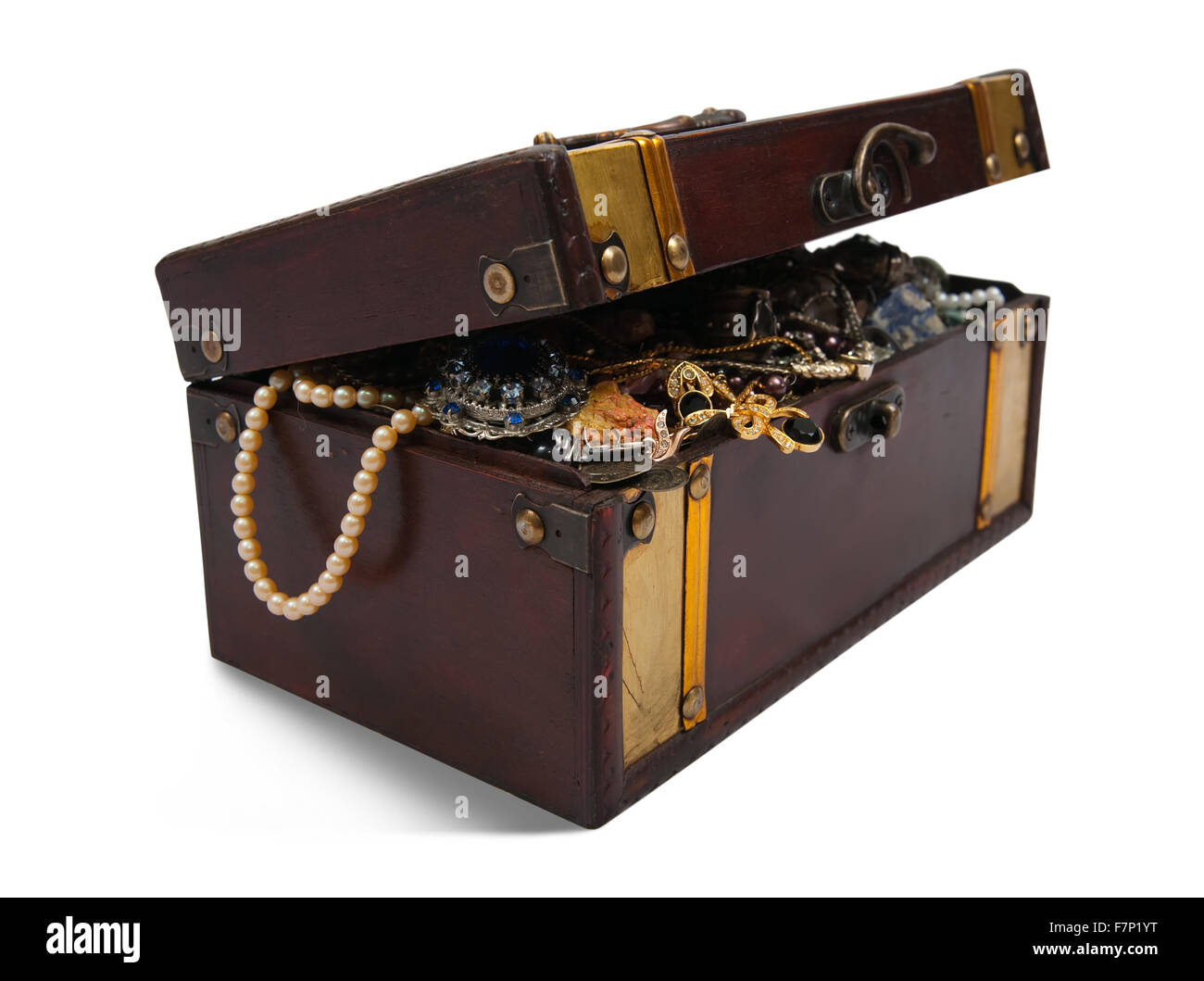 wooden treasure chest with valuables and gem, isolated over white ...