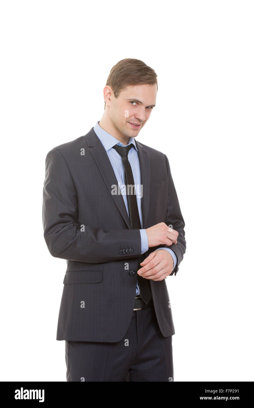 body language. man in business suit isolated white background. gestures ...