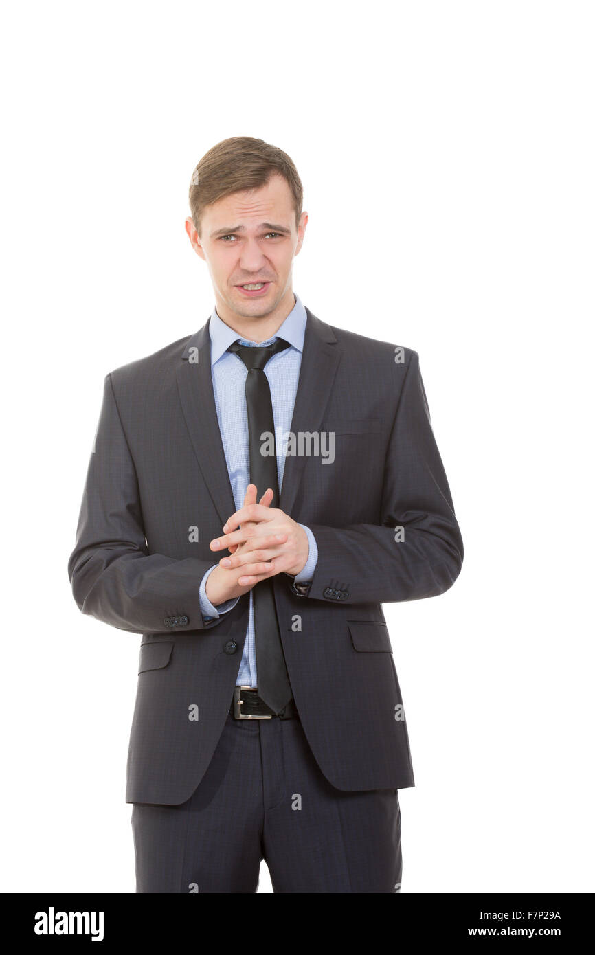 body language. man in business suit isolated white background. gestures ...