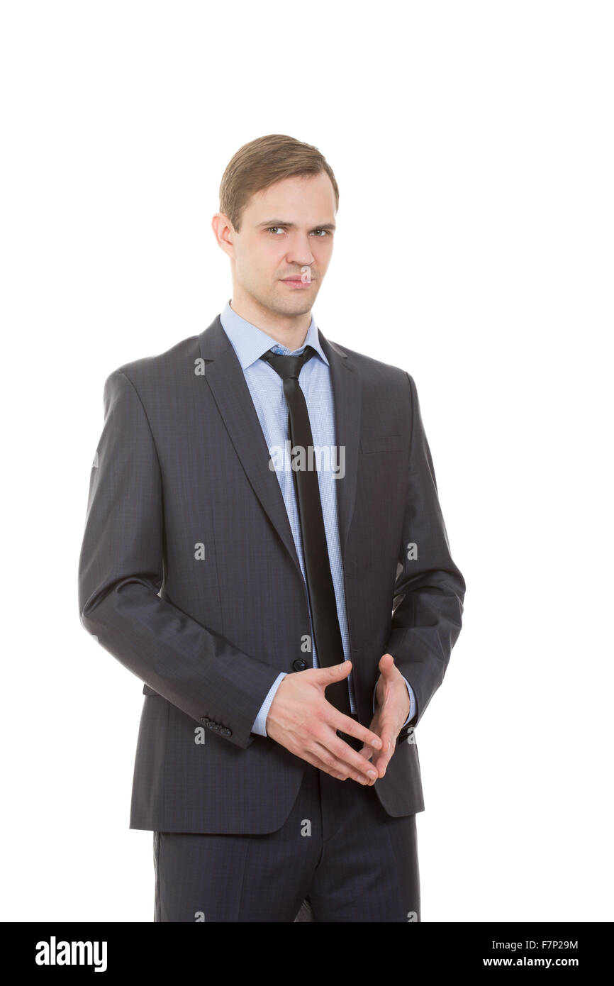 body language. man in business suit isolated white background. gestures ...