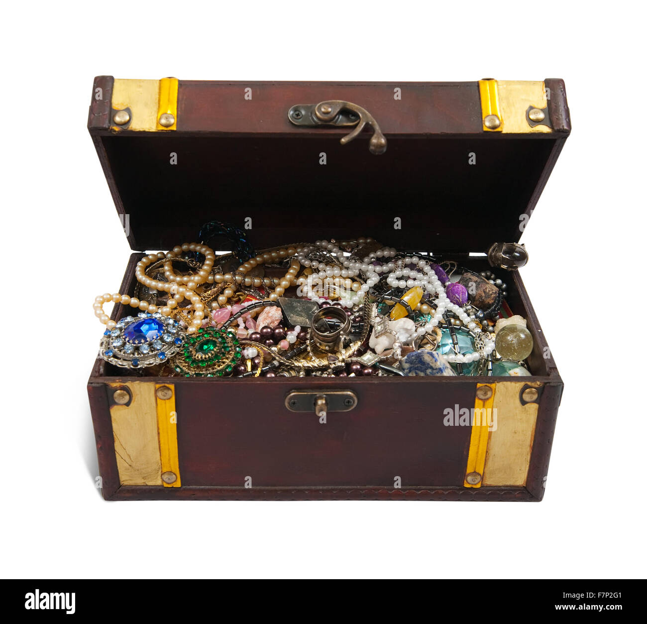 wooden treasure chest with valuables and gem, isolated with clipping ...