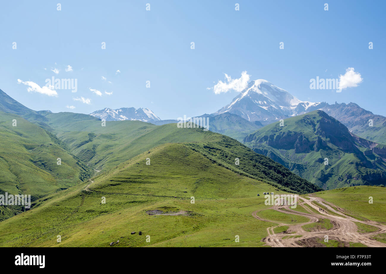5047 m Mount Kazbek (Kazbegis Mkinvartsveri) in Khokh Range in Caucasus ...