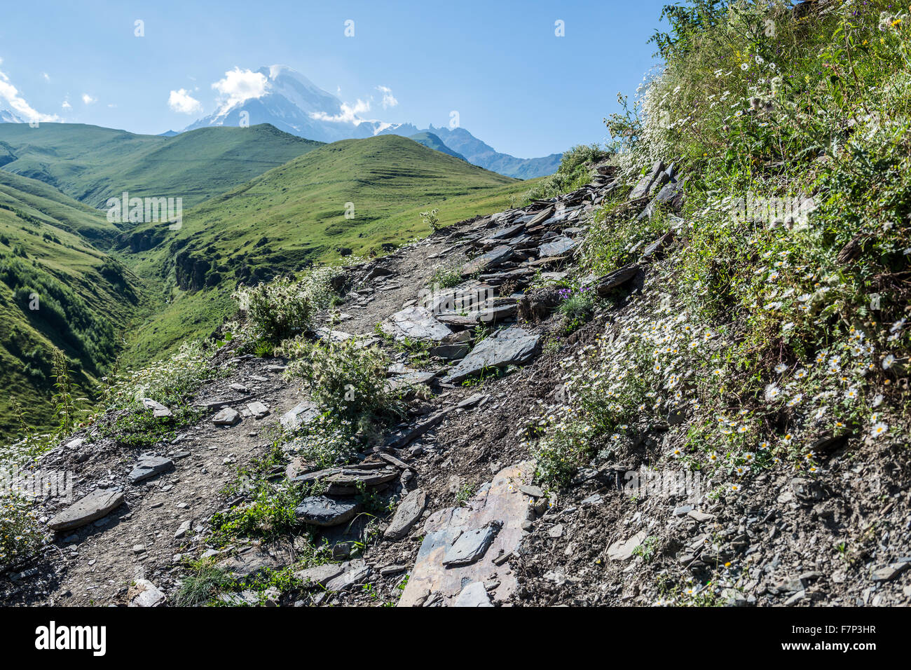5047 m Mount Kazbek (Kazbegis Mkinvartsveri) in Khokh Range in Caucasus ...