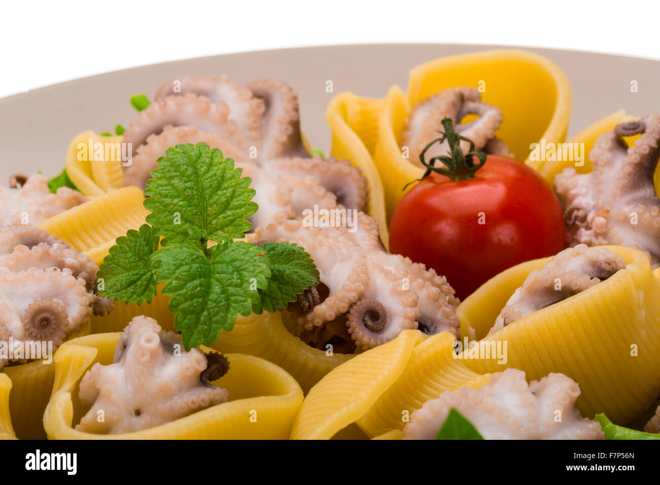 Lumaconi with octopus, cheese and herbs Stock Photo - Alamy