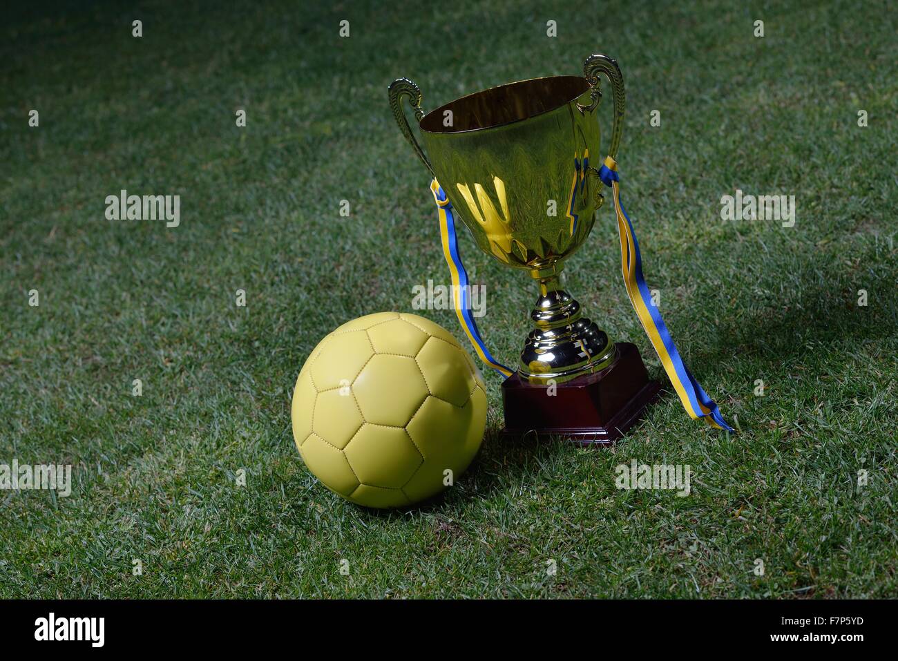 Golden soccer cup and ball on grass field Stock Photo - Alamy