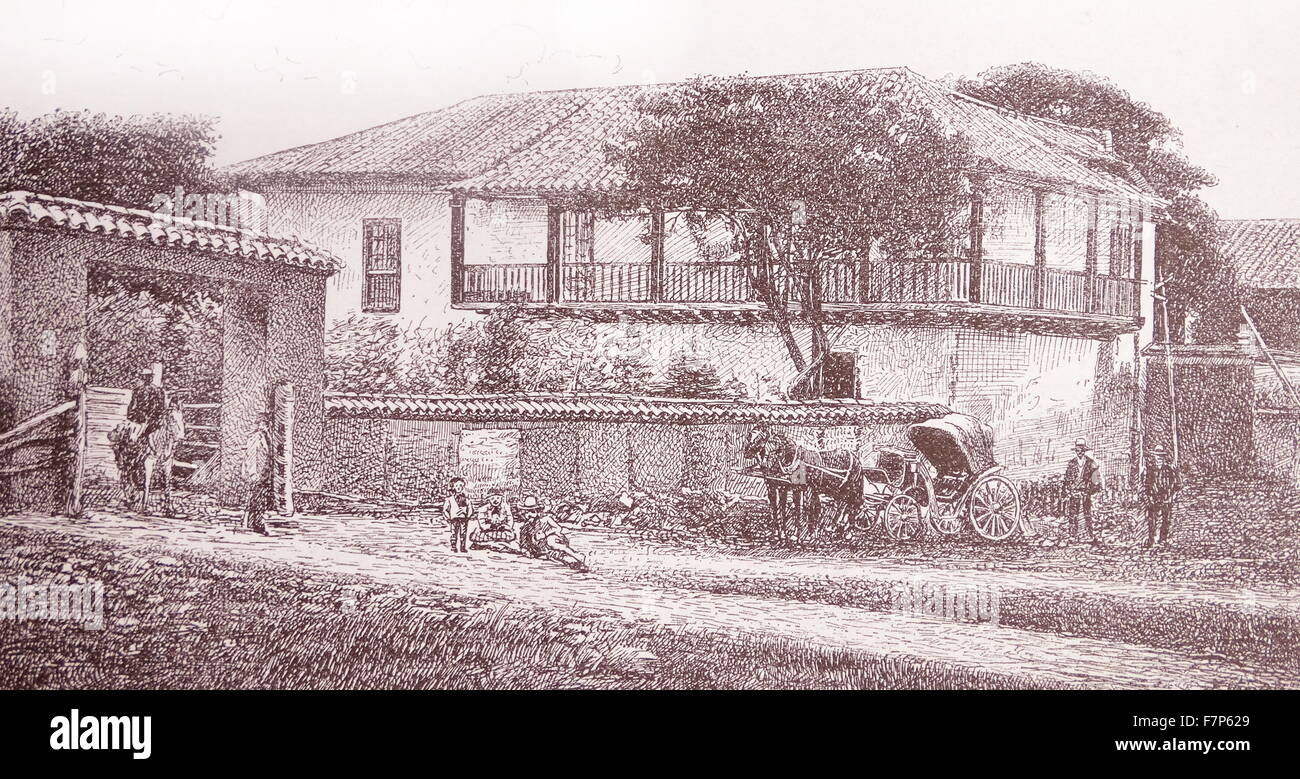 Engraving depicts a Spanish Colonial manor house. Dated 19th Century ...