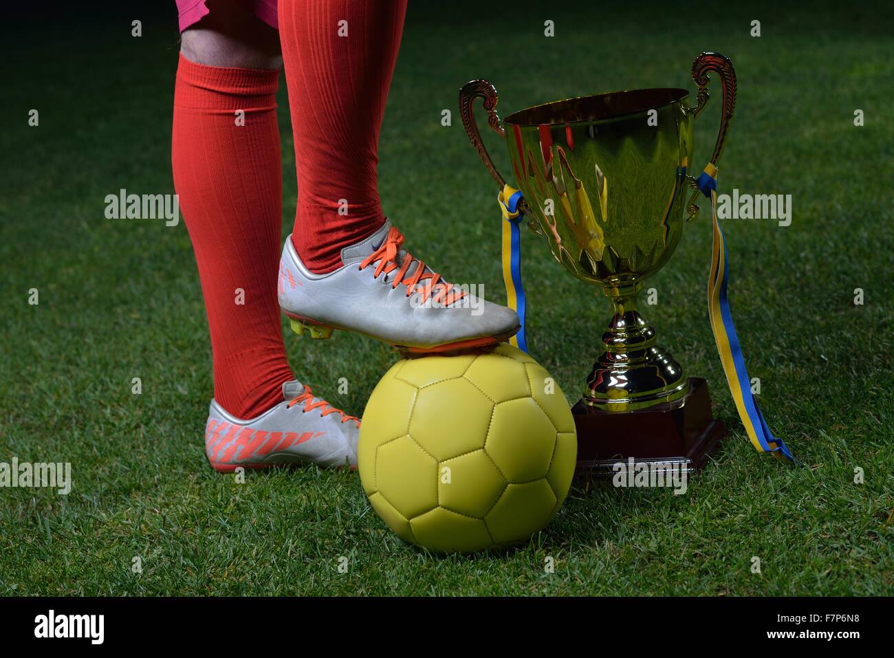 soccer player doing kick with ball on football stadium field isolated ...