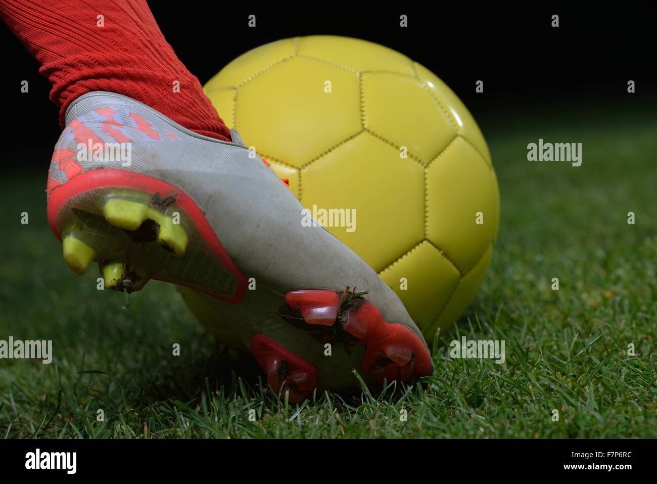 soccer player doing kick with ball on football stadium field isolated ...