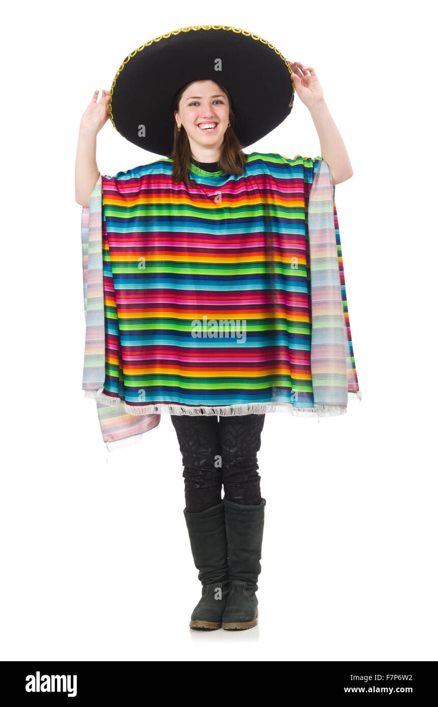 Pretty mexican girl in vivid poncho isolated on white Stock Photo - Alamy