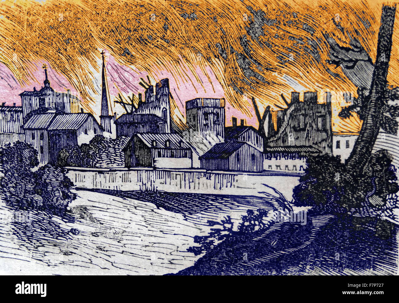 Hand-coloured engraving depicting a fire in Arbós, Spain. Dated 18th ...