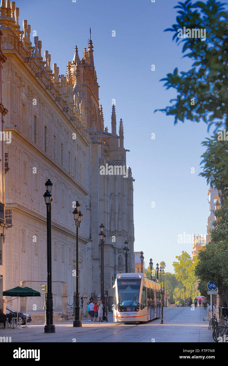 Avenida de la Constitucion,in background the cathedral,Sevilla ...
