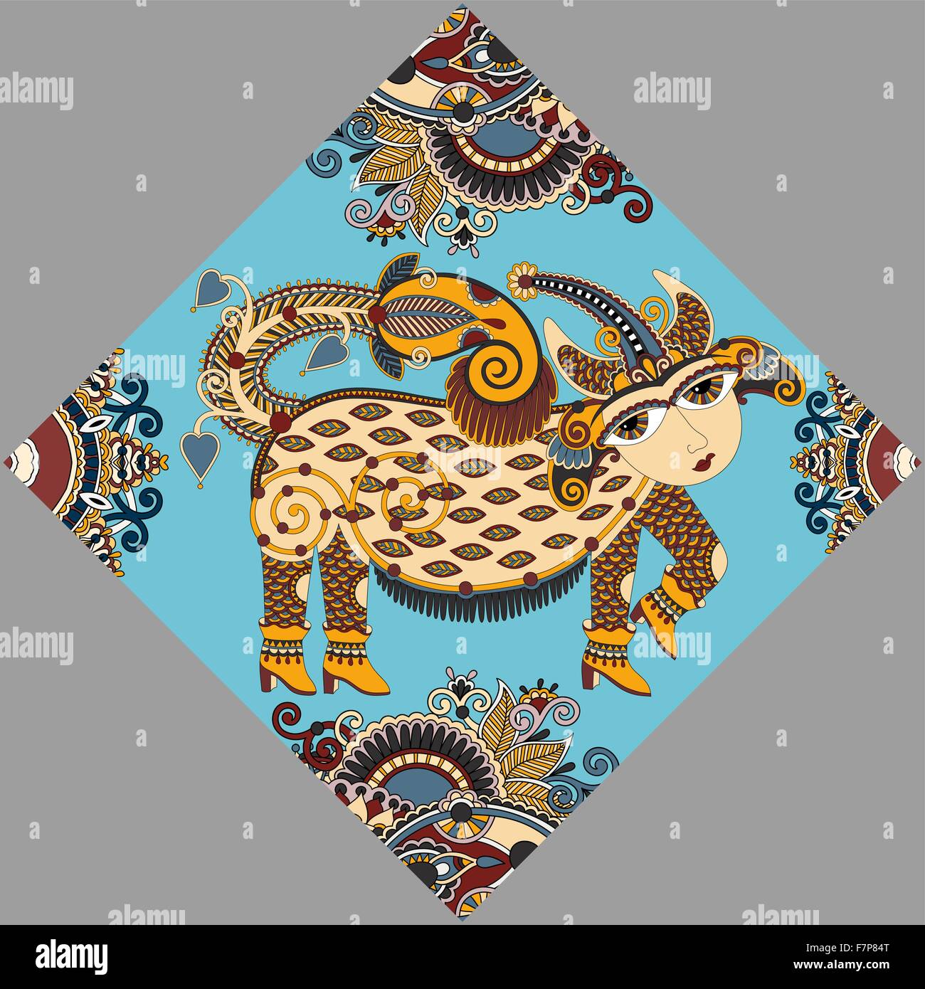 unusual animal, folk illustration in rhombus composition Stock Vector ...