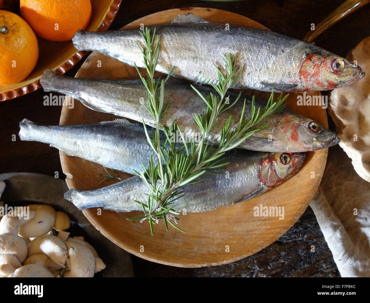 Tudor period food in preparation, at Sulgrave Manor, England, ancestral ...
