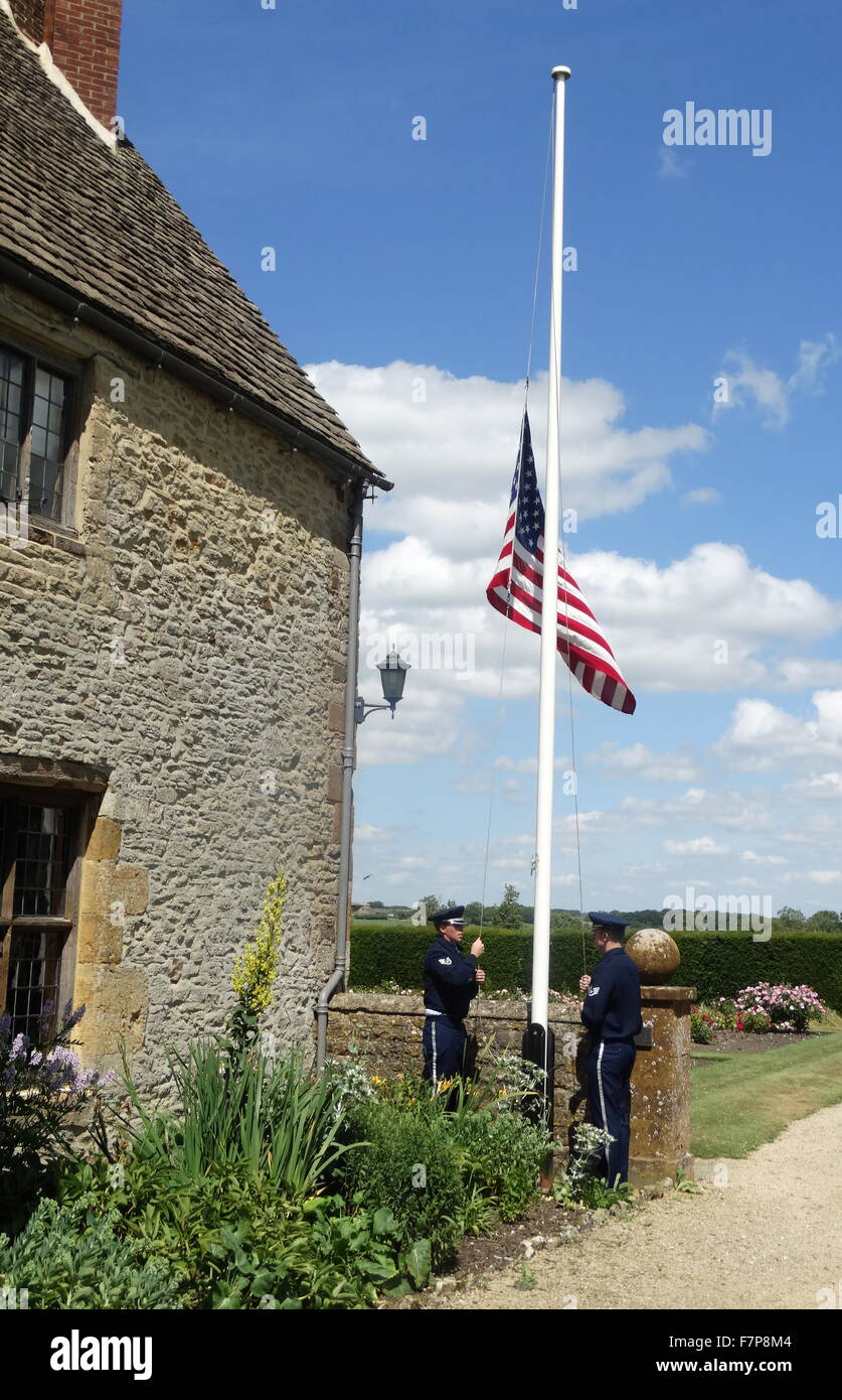 Flag lowering ceremony by US Air force servicemen at Sulgrave Manor ...