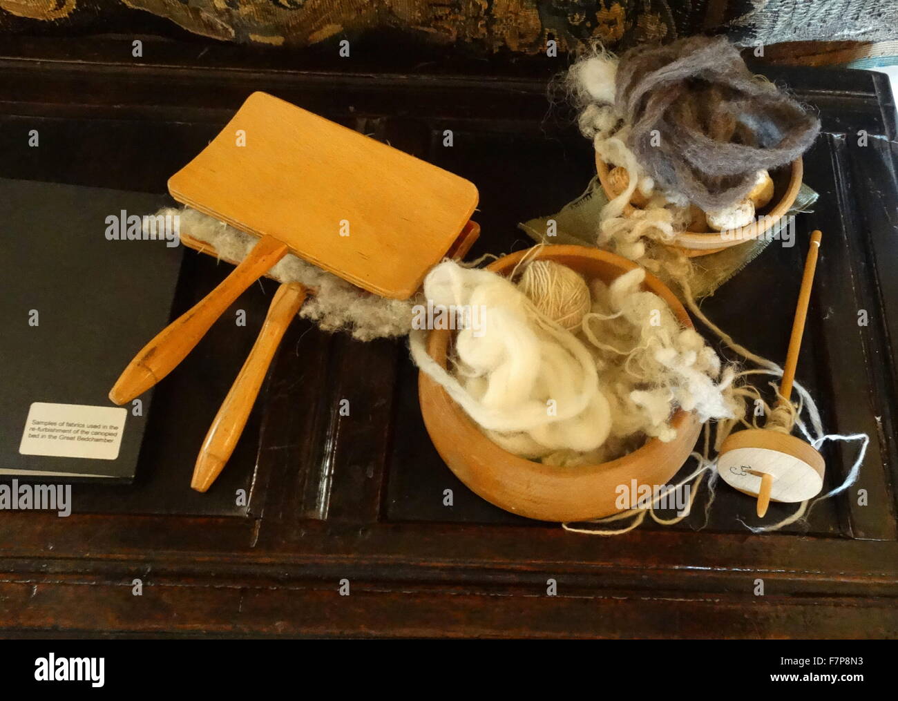 Tudor period wool with carding equipment, at Sulgrave Manor, England ...