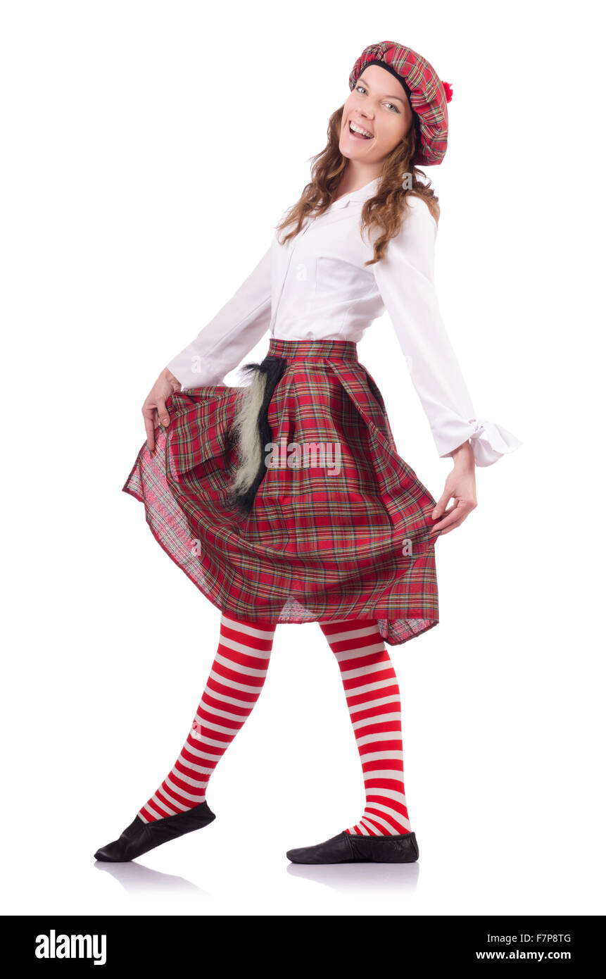 Pretty girl in plaid red clothing isolated on white Stock Photo - Alamy