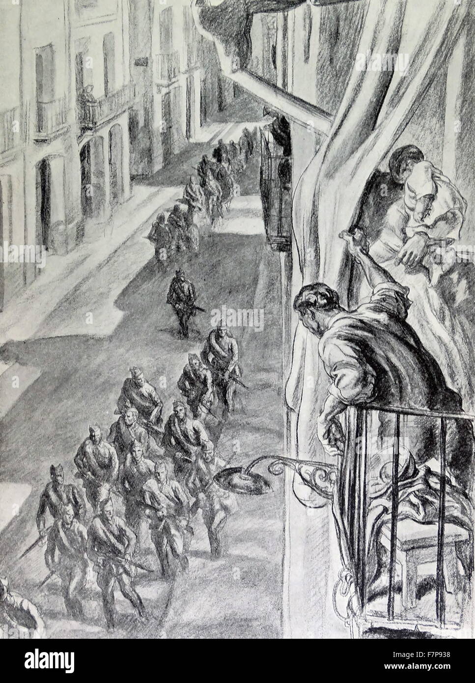 Nationalist Falangist soldiers patrol the city of Valladolid during the ...