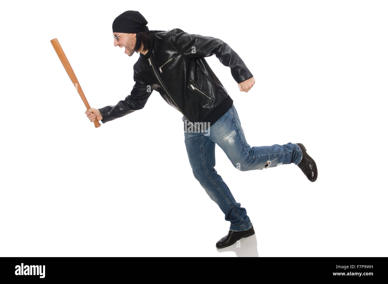 Aggressive man with baseball bat on white Stock Photo - Alamy