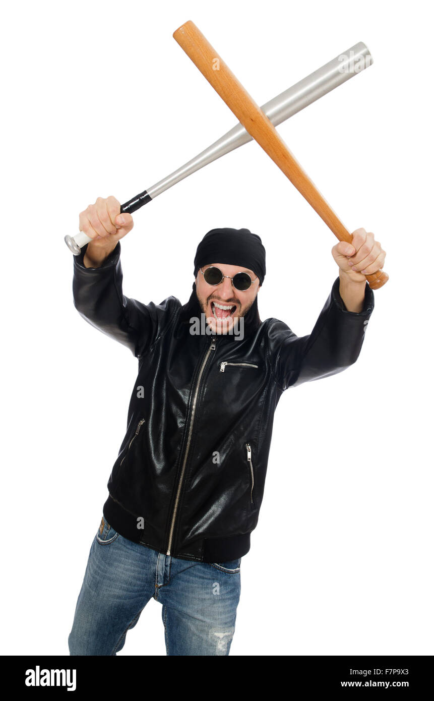 Aggressive man with baseball bat on white Stock Photo - Alamy