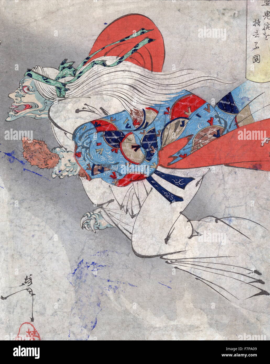 Colour woodcut of Ibaraki. Woodcut shows an elderly woman or demon ...